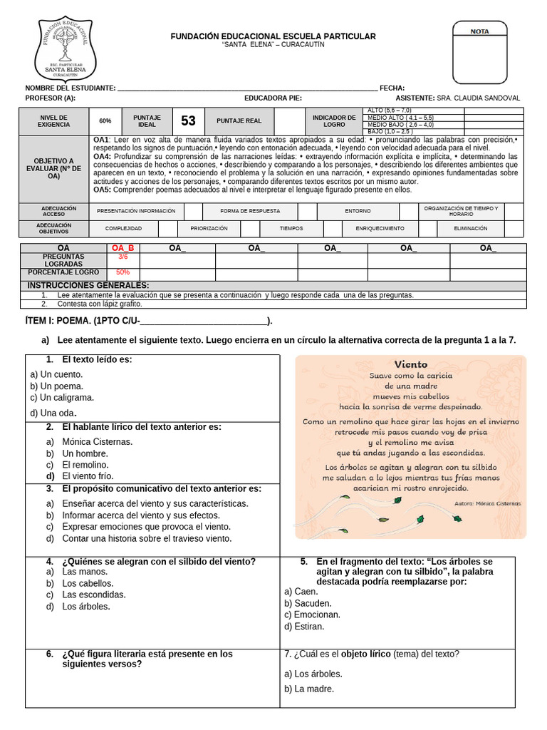 Evaluación Lenguaje Unidad 2 Cuarto Definitiva | PDF