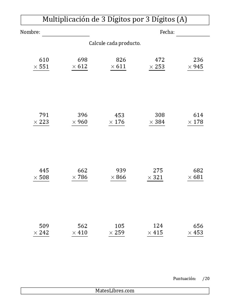 Multiplicar Números de 3 Dígitos Por 3 Dígitos (A) | PDF
