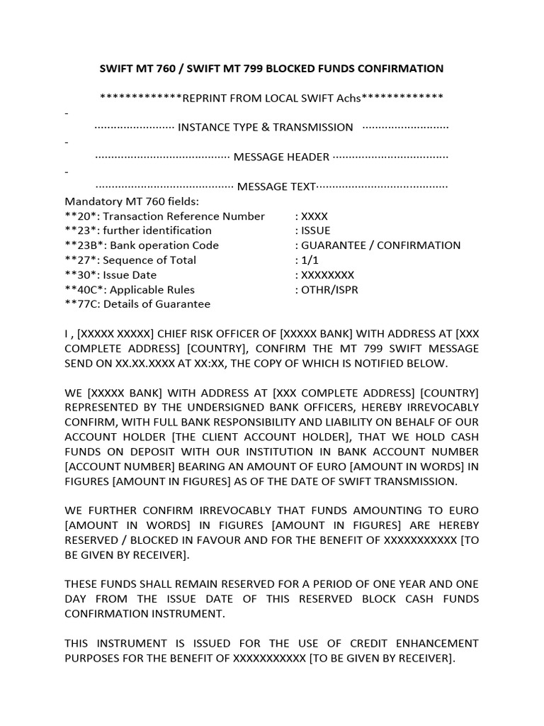 Acceptable Swift MT 760 Swift MT 799 Blocked Funds Confirmation | PDF