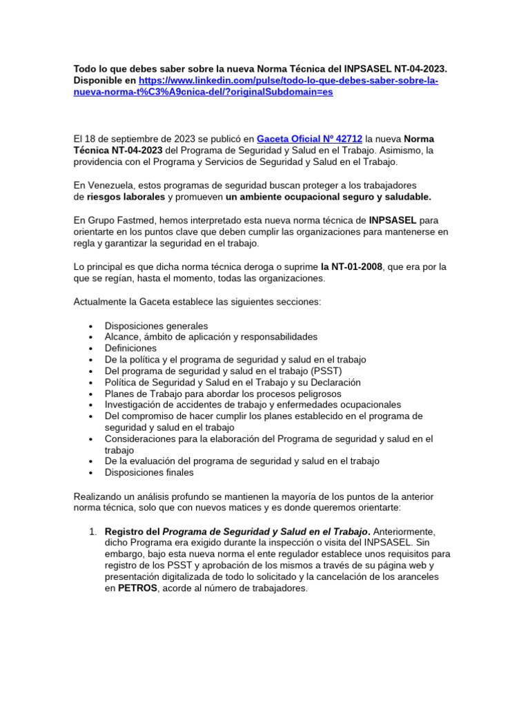 Todo lo que debes saber sobre la nueva Norma Técnica del INPSASEL NT | PDF