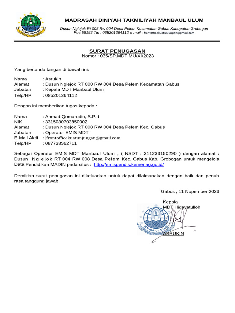 Contoh SK Operator MDT 2023 | PDF