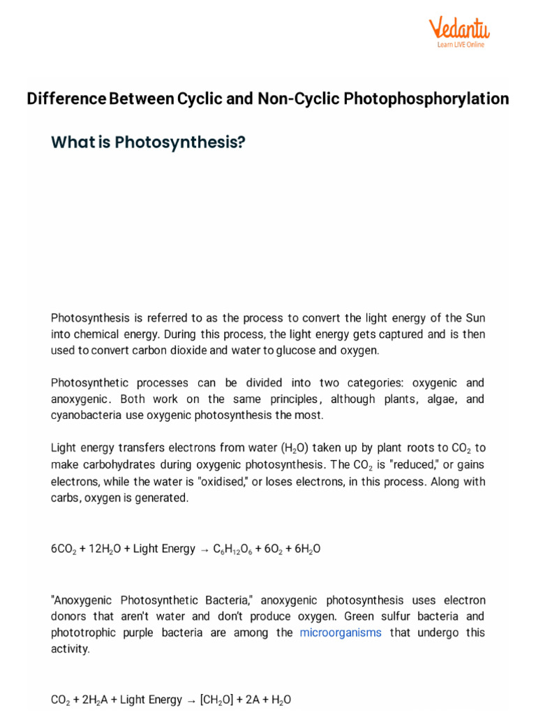 Difference Between Cyclic and Non-Cyclic Photophosphorylation | PDF