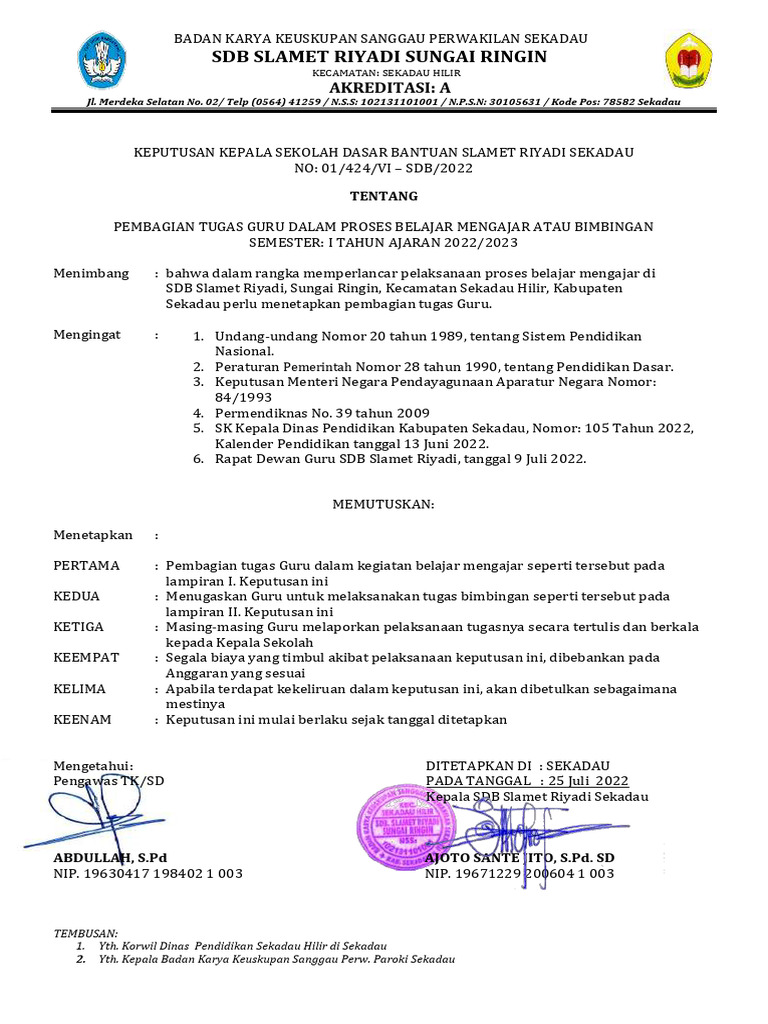 SK Mengajar - Dini - SDB Slamet Riyadi | PDF