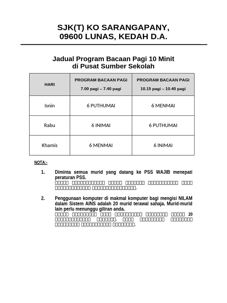 Jadual Program Bacaan Pagi | PDF
