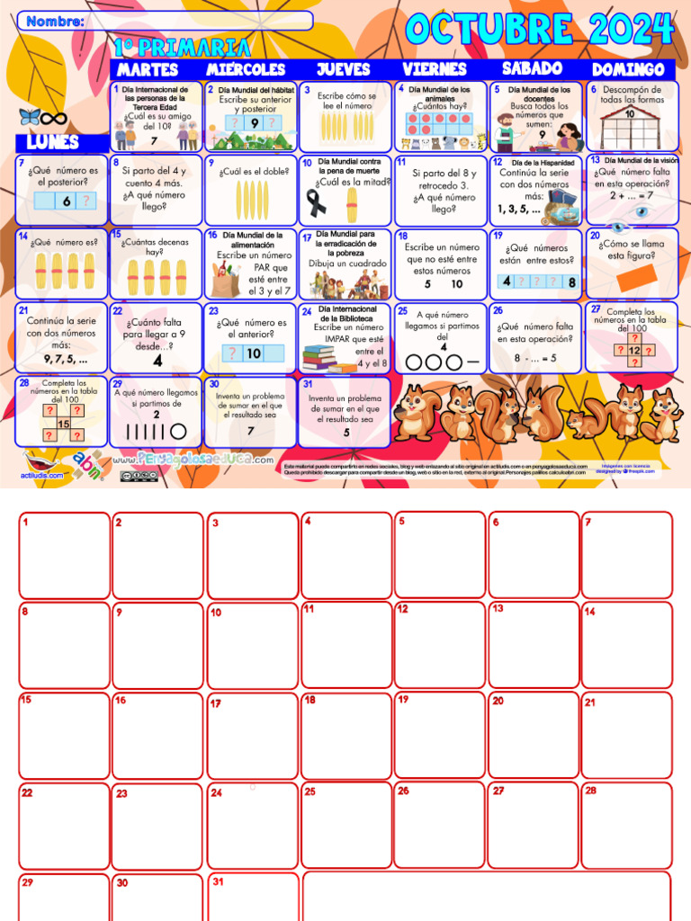 1° Calendario Matemático OCTUBRE 24 | PDF