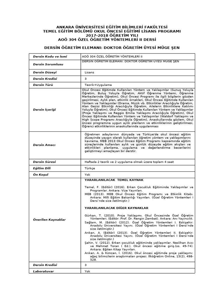 Aoö 304 Özel Öğreti̇m Yöntemleri̇ II Ders İzlencesi̇ | PDF