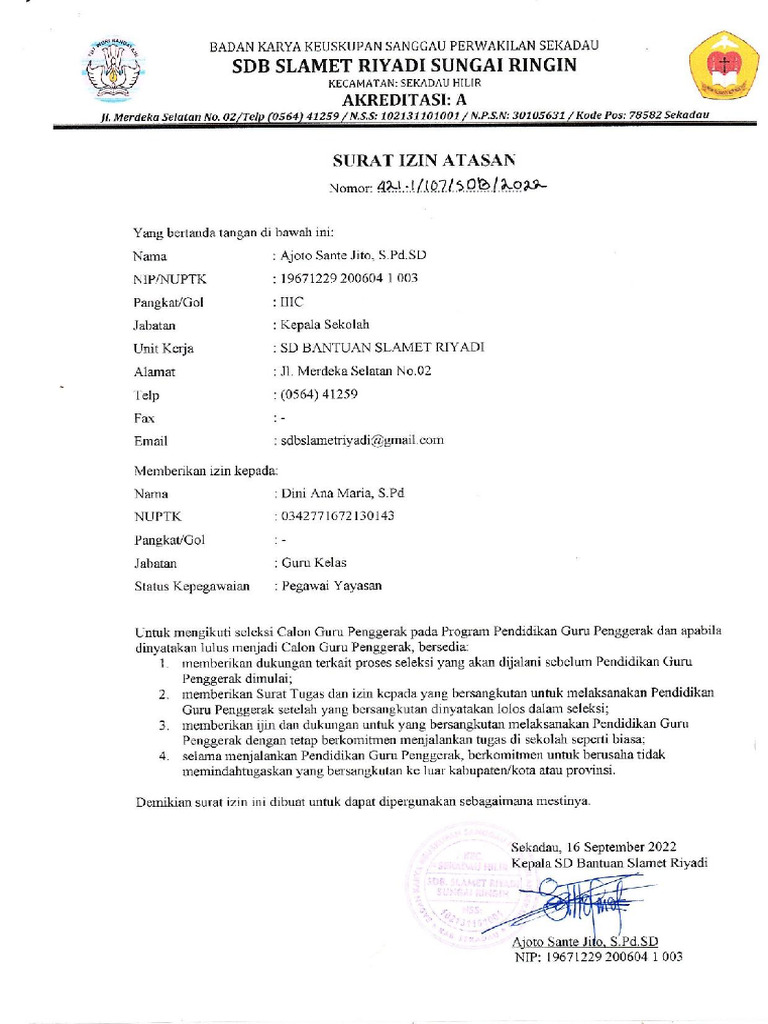 SURAT IZIN ATASAN- DINI ANA MARIA - SDB SLAMET RIYADI | PDF