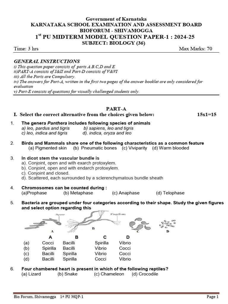 1st PU Biology Midterm Model Paper 2024-25 | PDF | Biology | Teaching ...