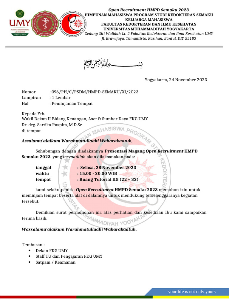 PH 022. PN Surat Peminjaman Ruangan Presentasi Magang Oprec HMPD Semaku ...