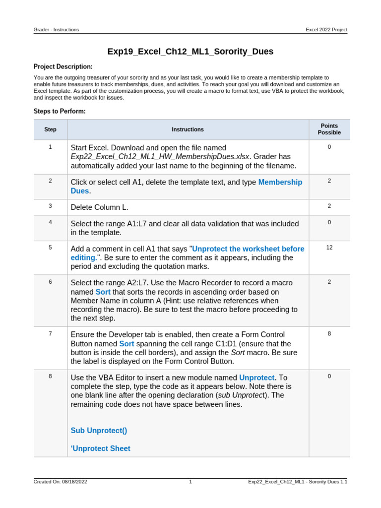 Exp19 Excel Ch12 ML1 Sorority Dues Instructions | PDF