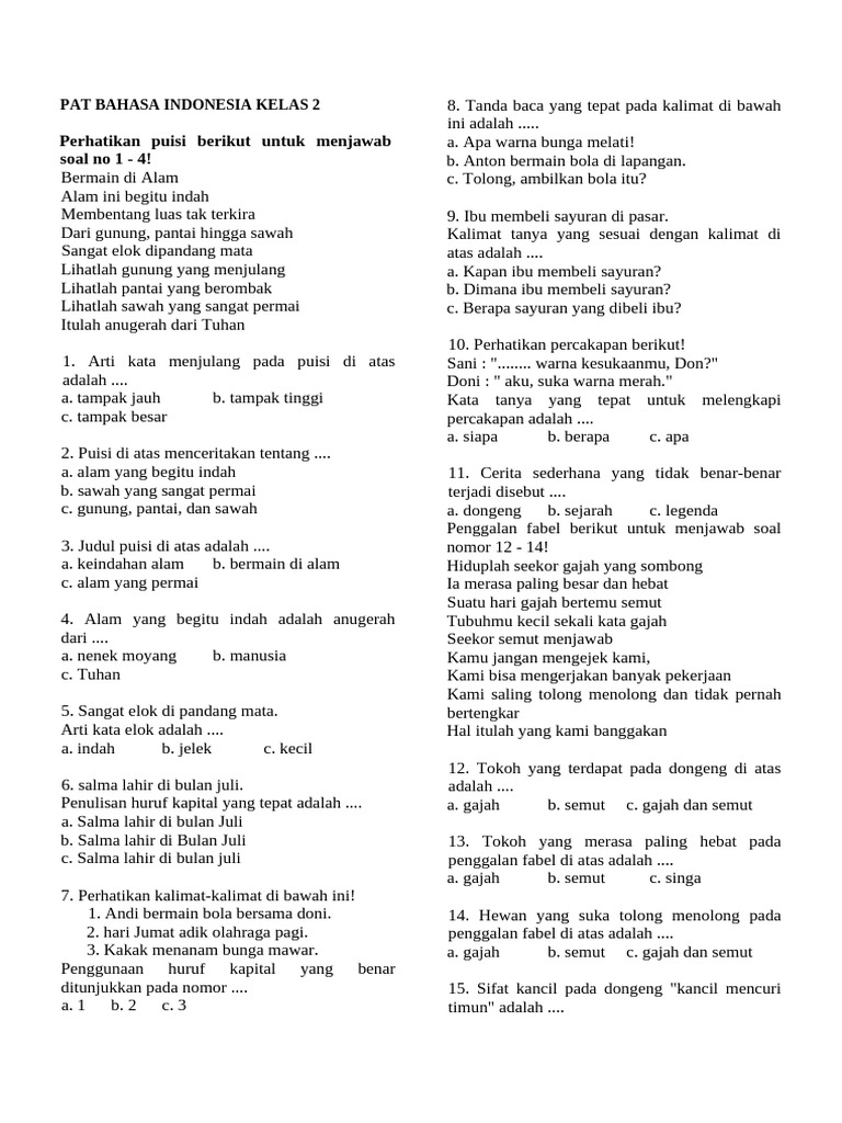Pat Bahasa Indonesia Kelas 2 | PDF