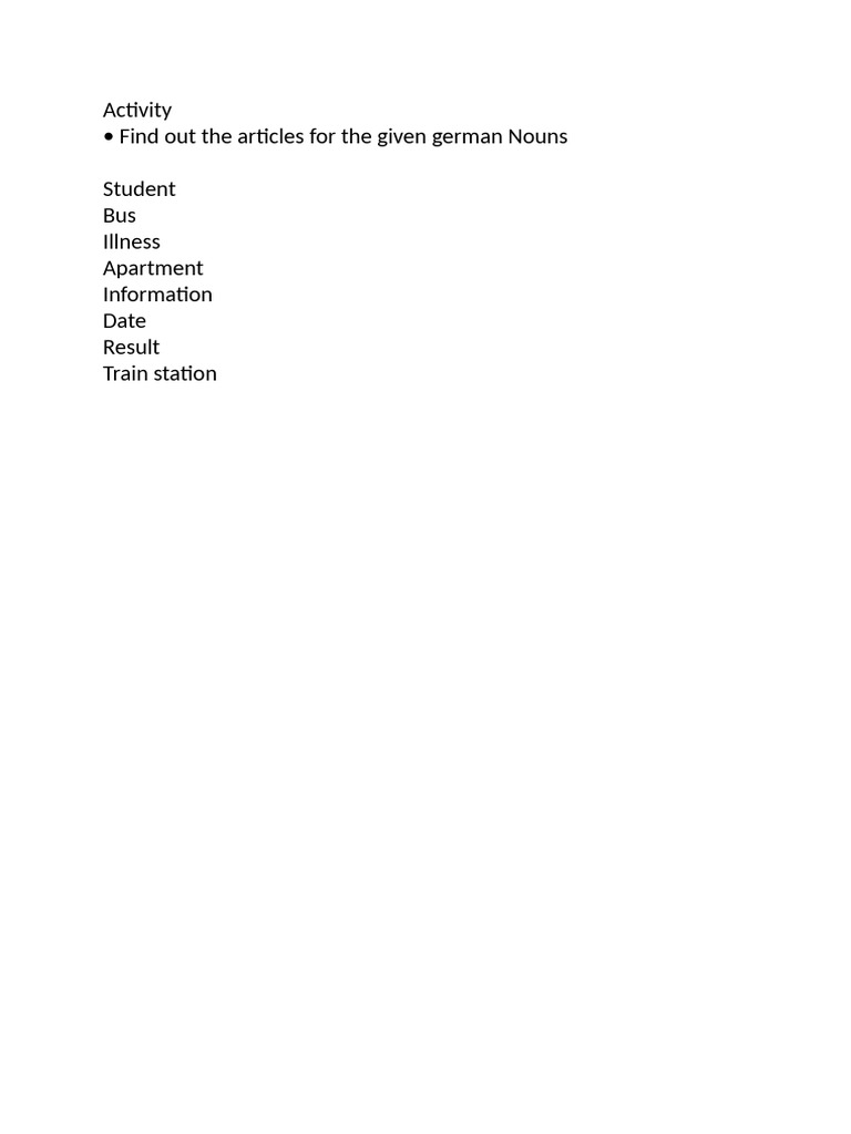 Activity - Find Out The Articles For The Given German Nouns Student Bus ...