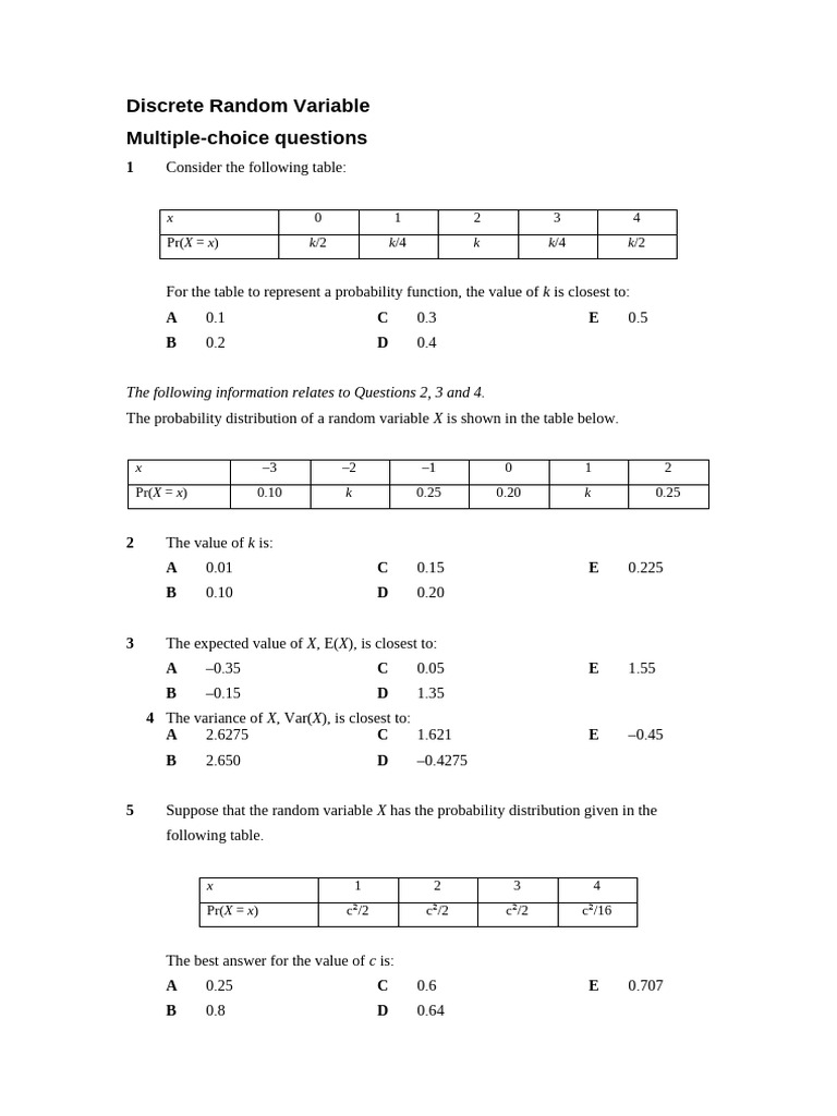 Discrete Random Variable Revision Test | PDF
