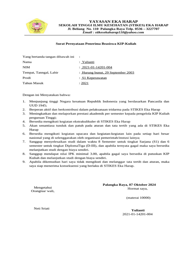 Surat Pernyataan Penerima Beasiswa KIP Kuliah 2 | PDF