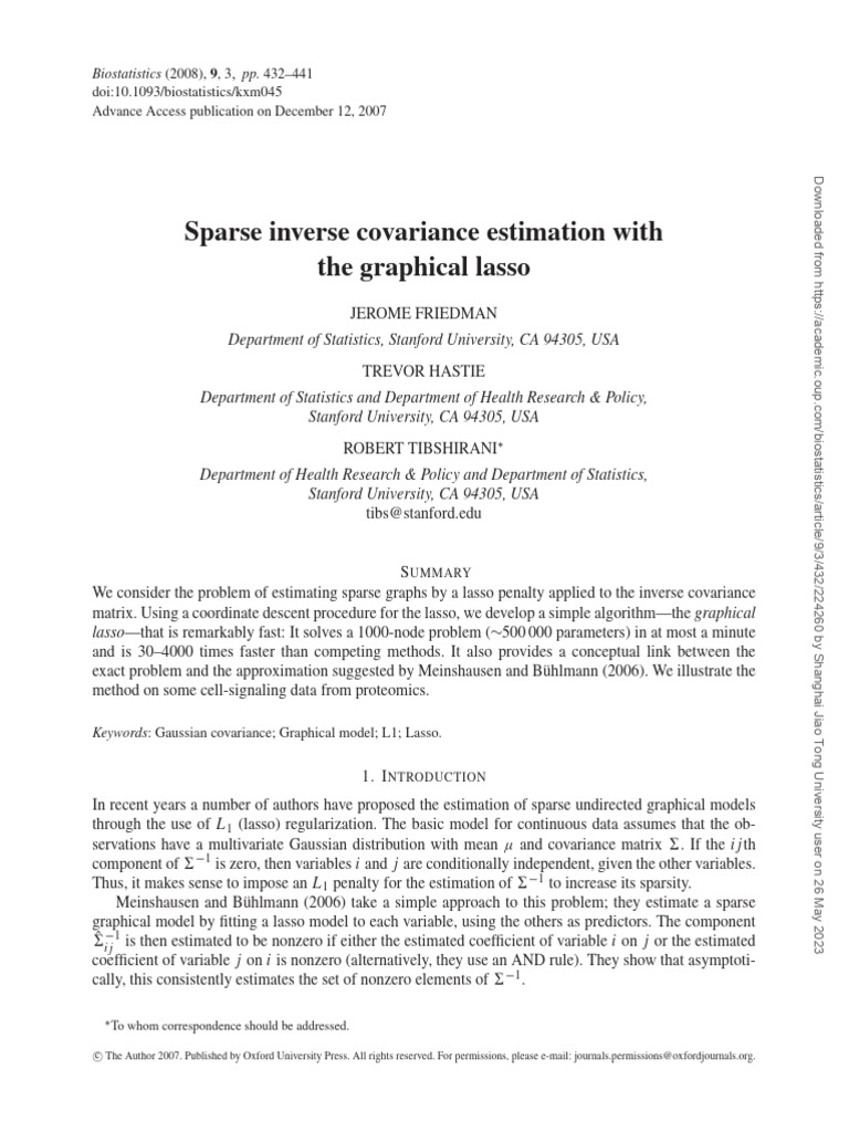 2008 Sparse Inverse Covariance Estimation With The Graphical Lasso | PDF 2008 Sparse Inverse Covariance Estimation With The Graphical Lasso | PDF