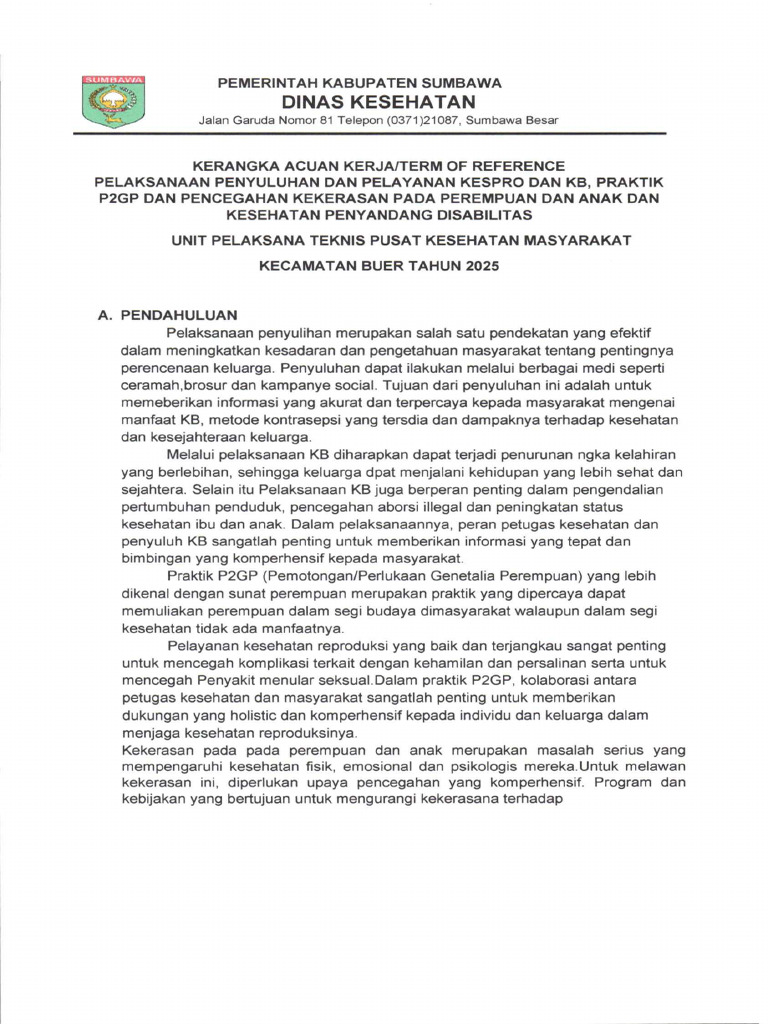 TOR Pelaksanaan Penyuluhan Dan Pelayanan Kespro Dan KB, Praktik P2GP Dan Pencegahan Kekerasan ...