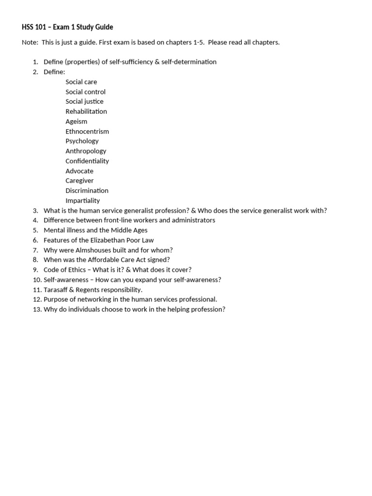HSS 101 - Exam 1 Study Guide 2 | PDF