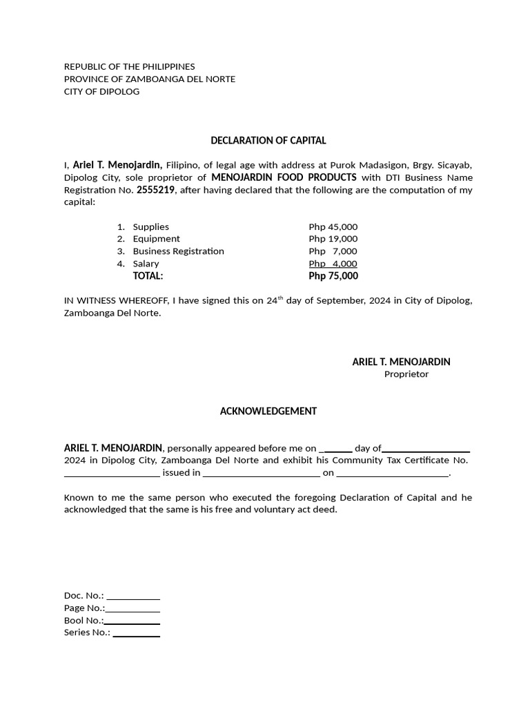 DECLARATION OF CAPITAL - MENOJARDIN FOOD PRODUCTS | PDF