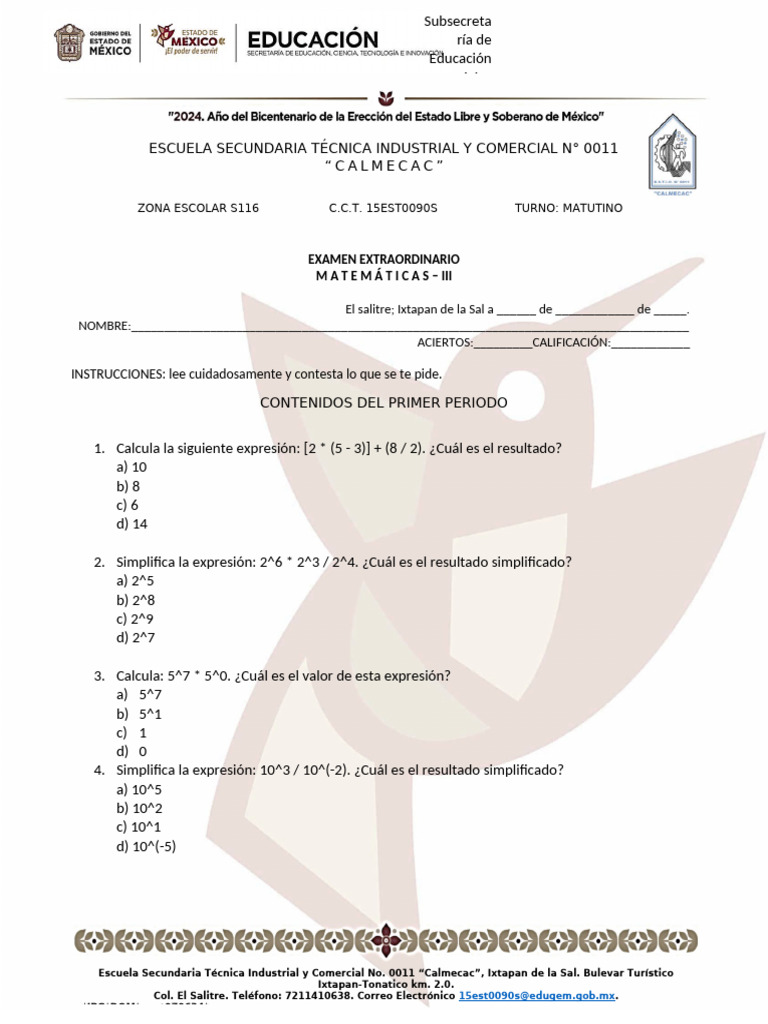 Mate III - Examen Extraordinario | PDF