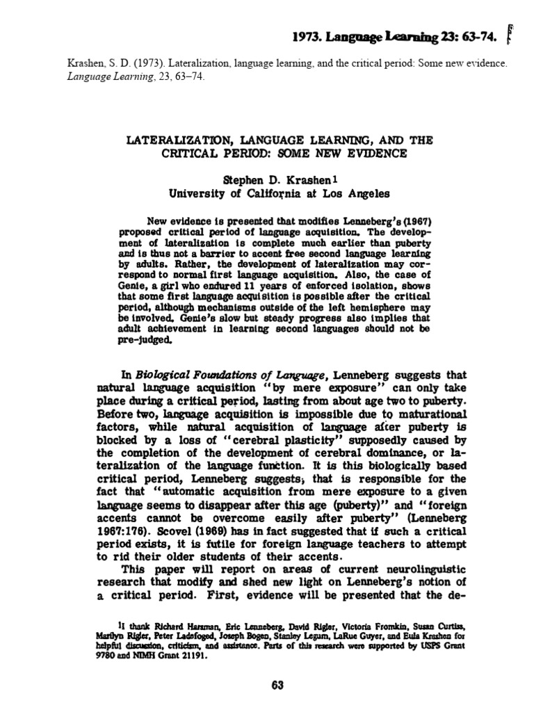 Krashen - 1973 - Lateralization | PDF | Lateralization Of Brain Function | Language Acquisition
