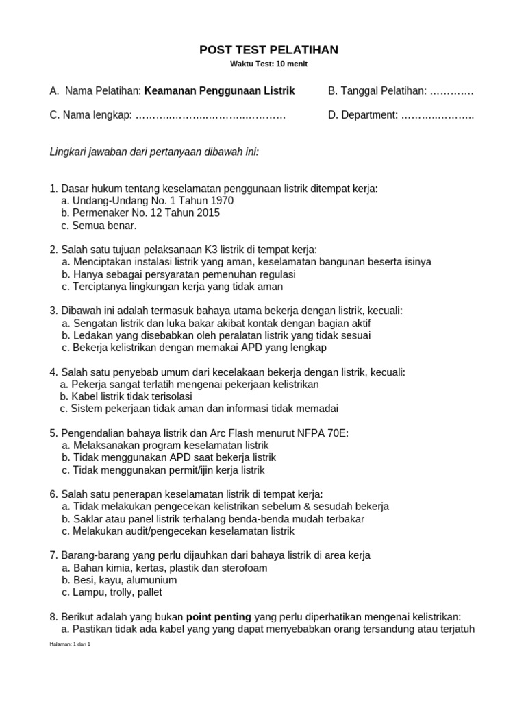 Post Test Pelatihan Keamanan Penggunaan Listrik | PDF