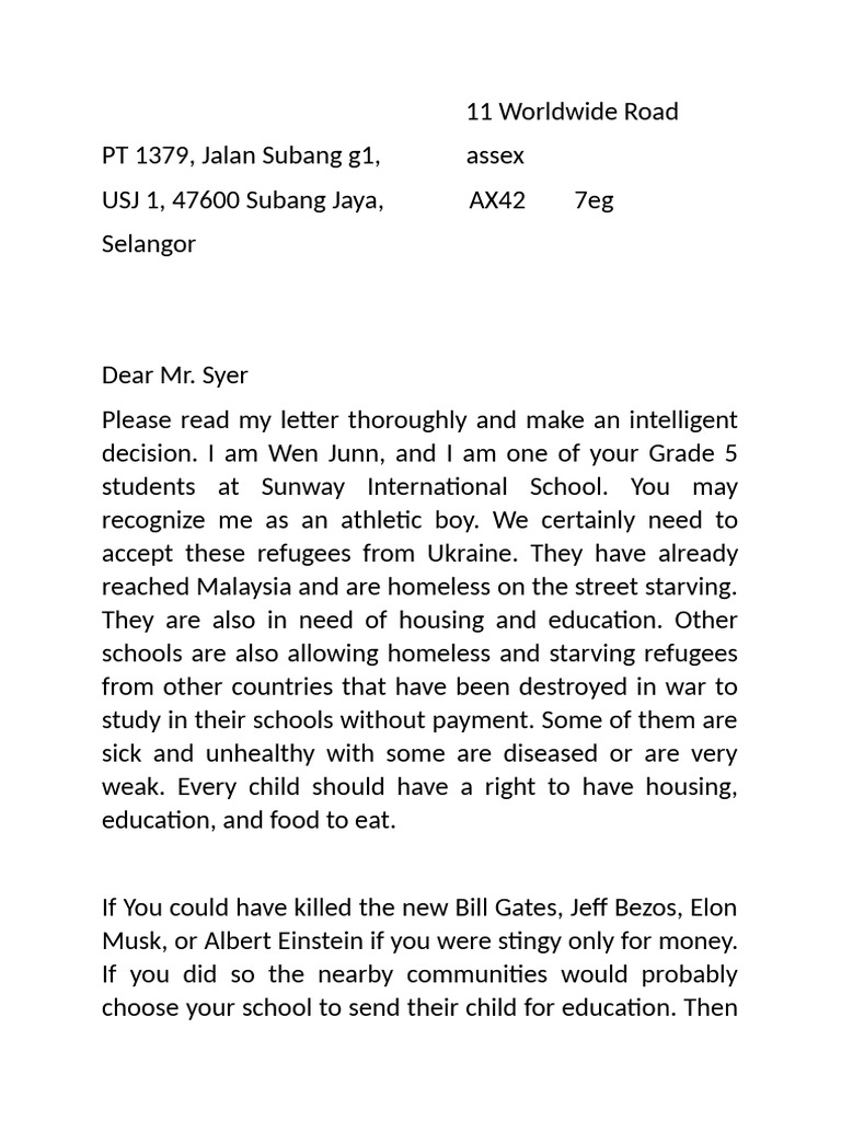 Dear Mr. Syer (Persuasive Letter - Literacy) | PDF