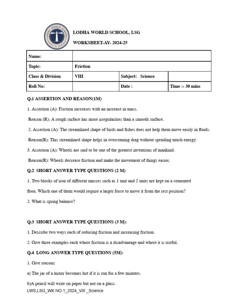 Class VIII Friction Summary Worksheet | PDF