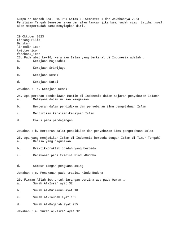 Kumpulan Contoh Soal PTS PAI Kelas 10 Semester 1 Dan Jawabannya | PDF