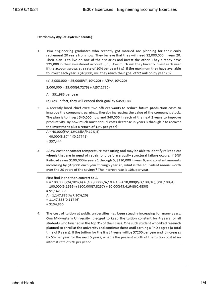 IE307-Exercises - Engineering Economy Exercises | PDF