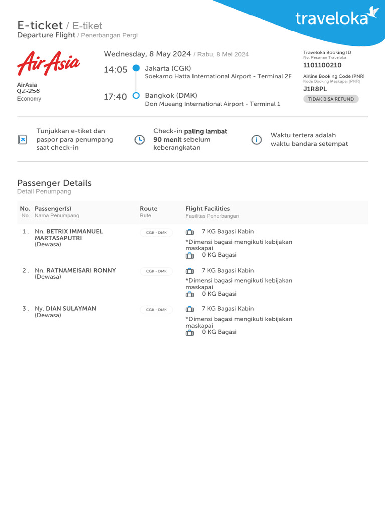 Dian Sulayman-CGK-J1R8PL, K9NFNJ-BKK-FLIGHT - ORIGINATING | PDF