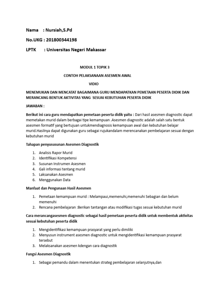 Tugas Modul 1 Topik 3 Vidio Contoh Pelaksanaan Asesmen Awal | PDF