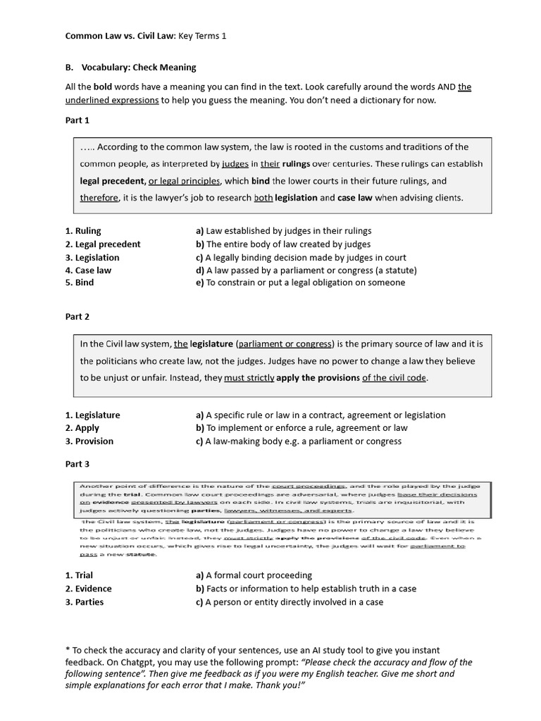 Common Law vs. Civil Law - Key Terms 1 | PDF