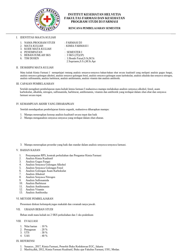 RPS Kimia Farmasi I | PDF