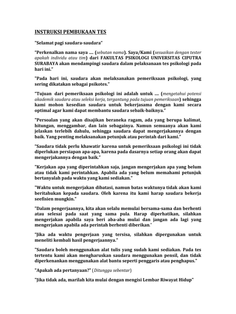 Askep - Instruksi Pembukaan Dan Penutupan Tes | PDF