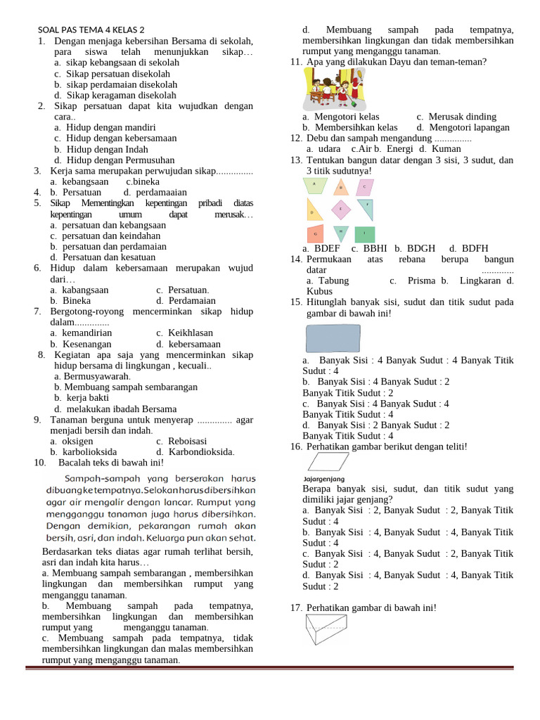 Soal Pas KLS 2 Tema 4 | PDF