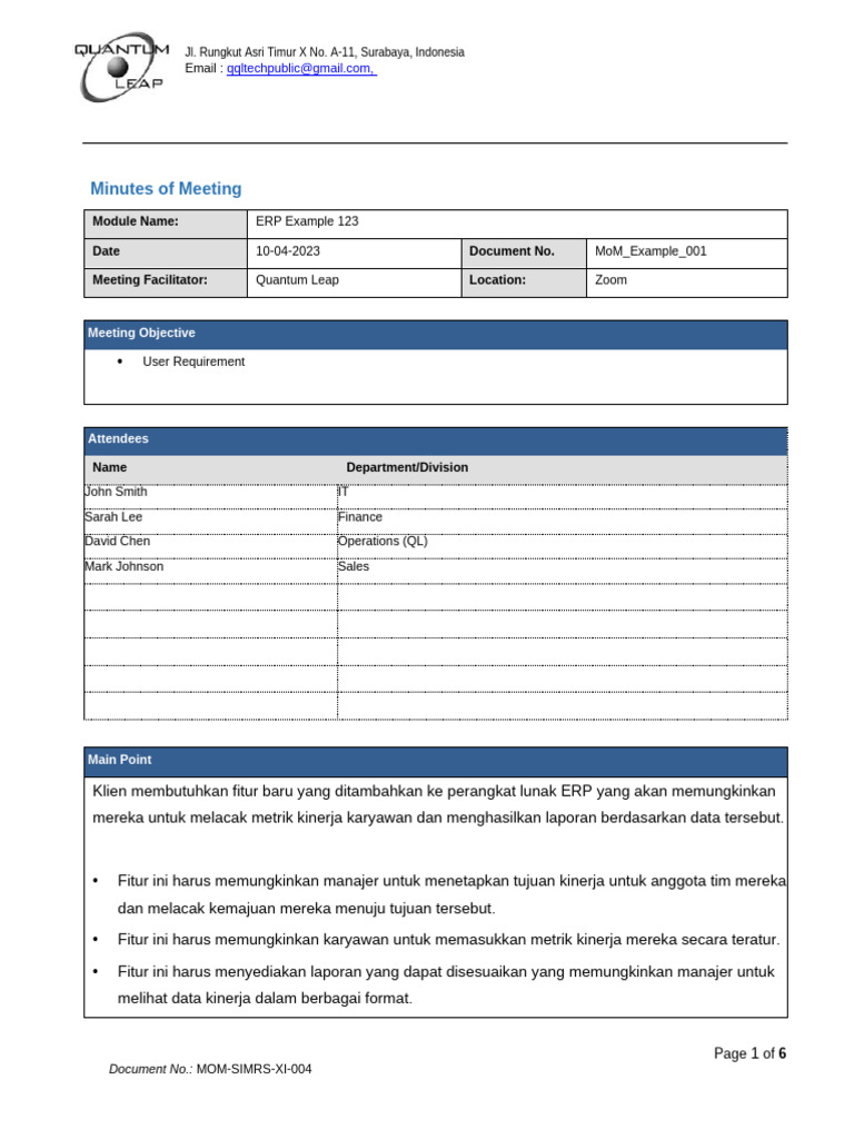 MoM Template (Filled Example) | PDF