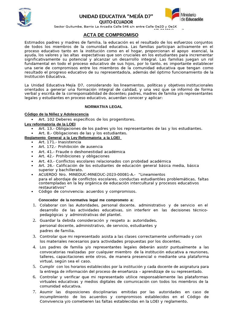Acta de Compromiso 3ro Bgu | PDF