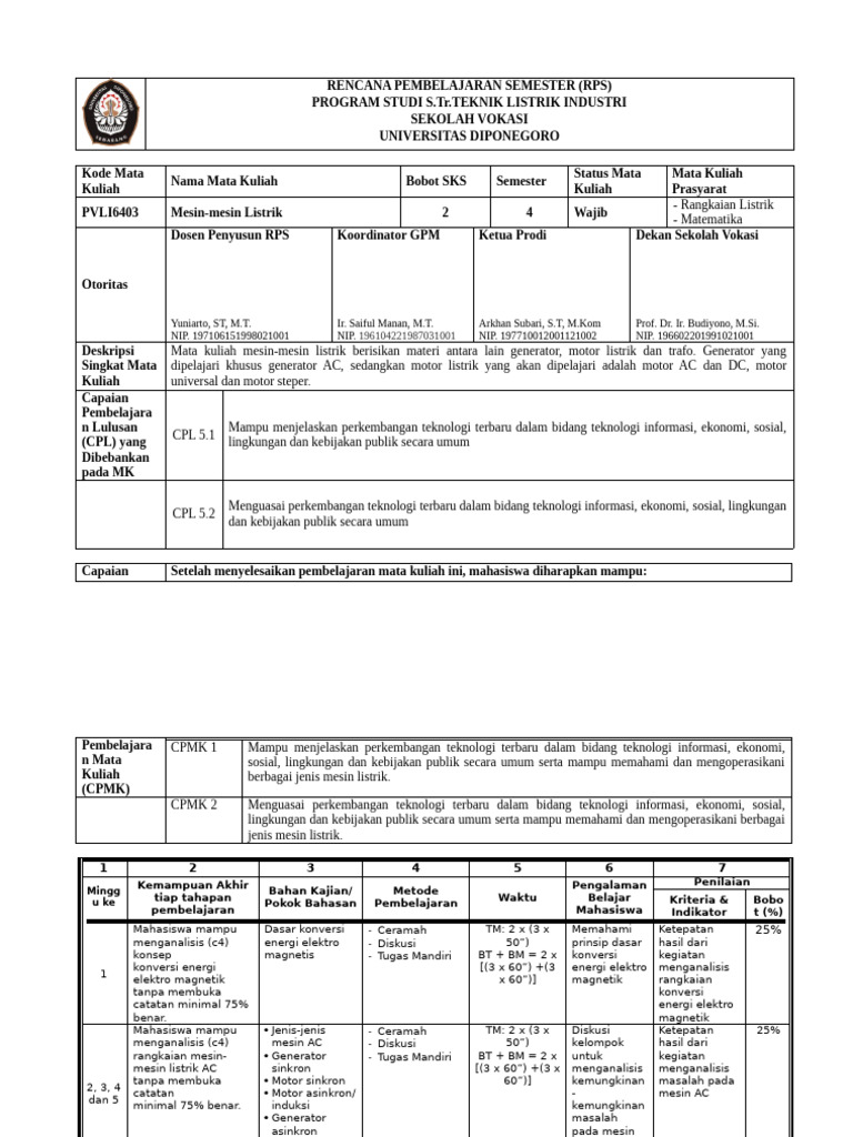 RPS Mesin Mesin UNDIP SV | PDF