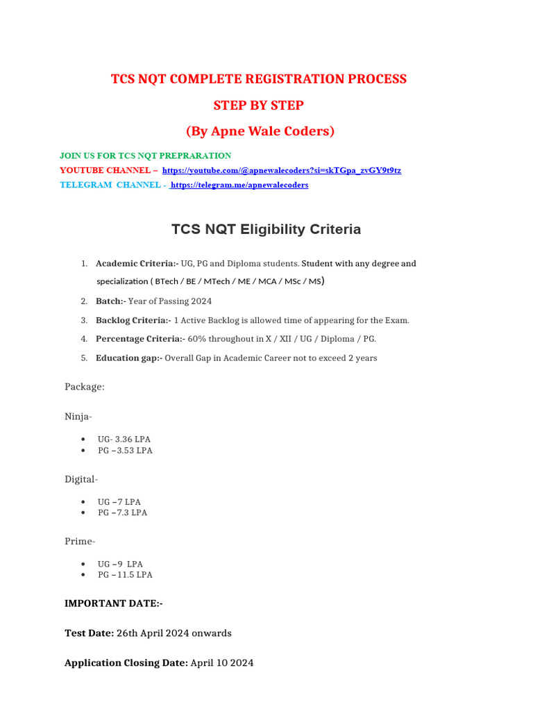 TCS NQT COMPLETE REGISTRATION PROCESS | PDF