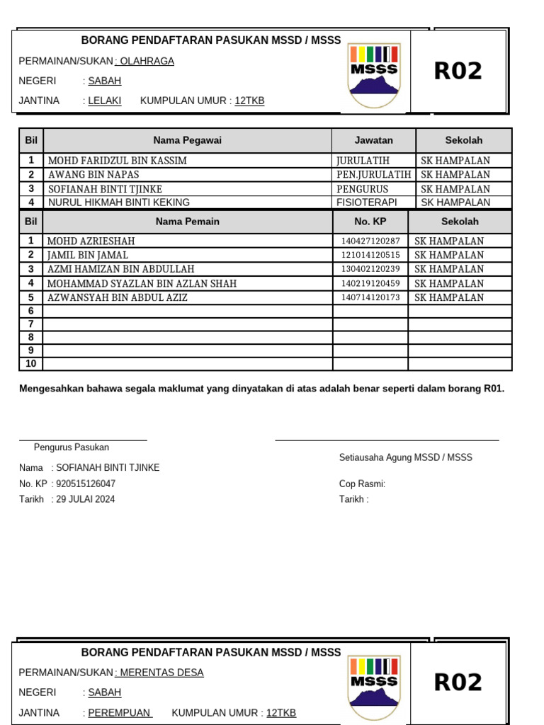 Borang R02 OLAHRAGA 2024 | PDF