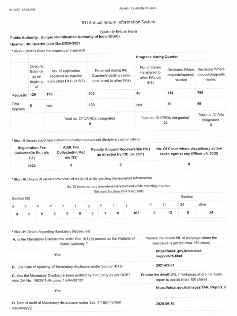 RTI Quartelry Reports 2021 Onwards | PDF