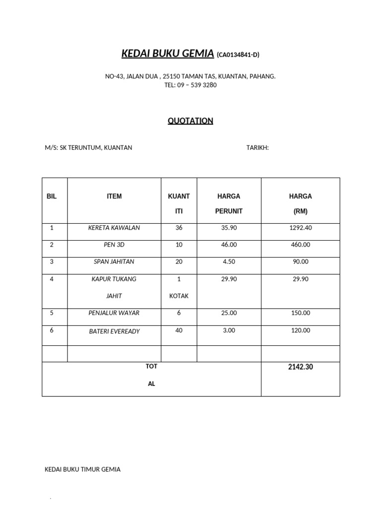Sebut Harga Barang RBT SKBG 2024 | PDF
