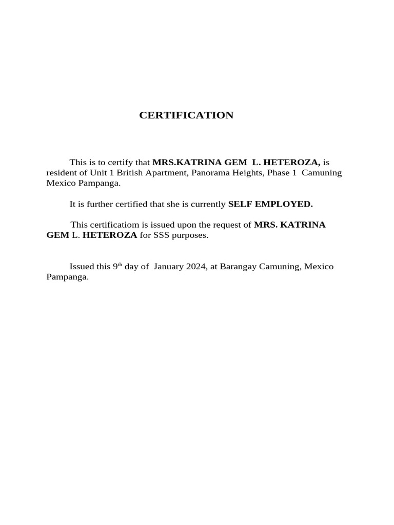 Certificate For Sss | PDF