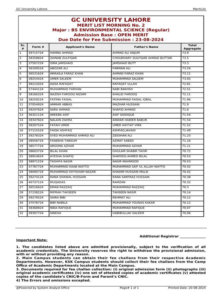 BS Environmental Science Second Merit List Regular | PDF
