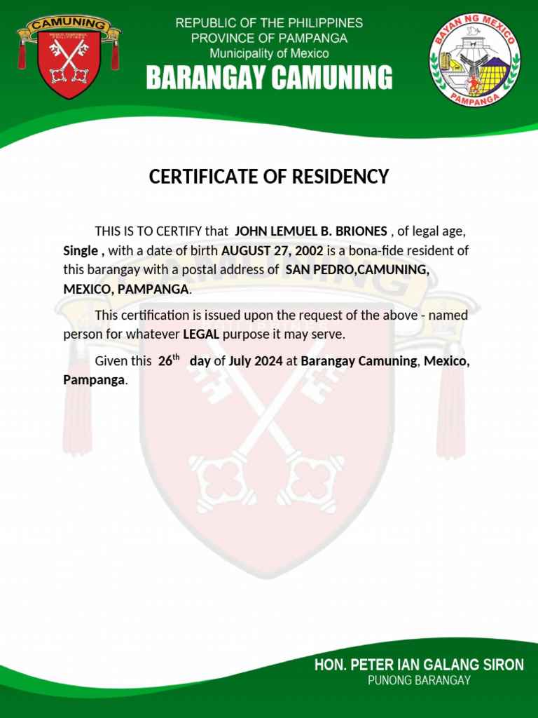 Certificate of Residency | PDF