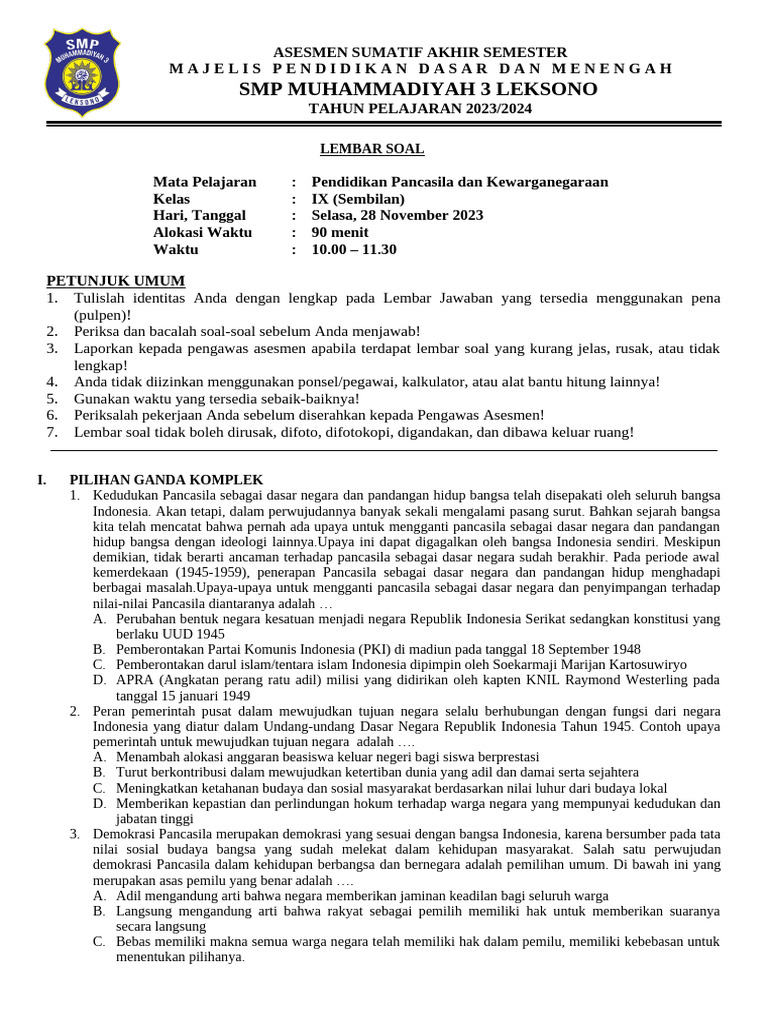 Soal Tulis Pas PPKN Ix 2324 | PDF