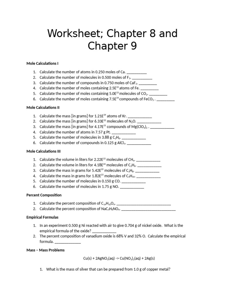 Worksheet Chapters 8 & 9 | PDF