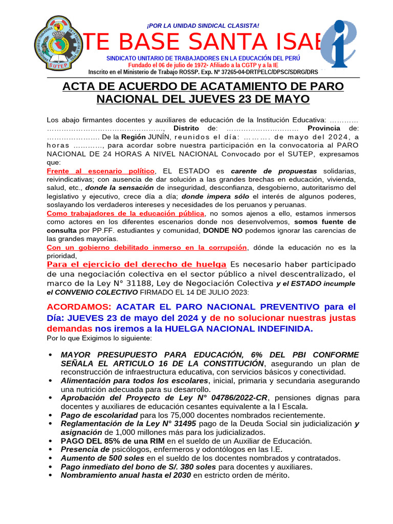 ACTA DE ACUERDO Del PARO NACIONAL 23 MAYO | PDF