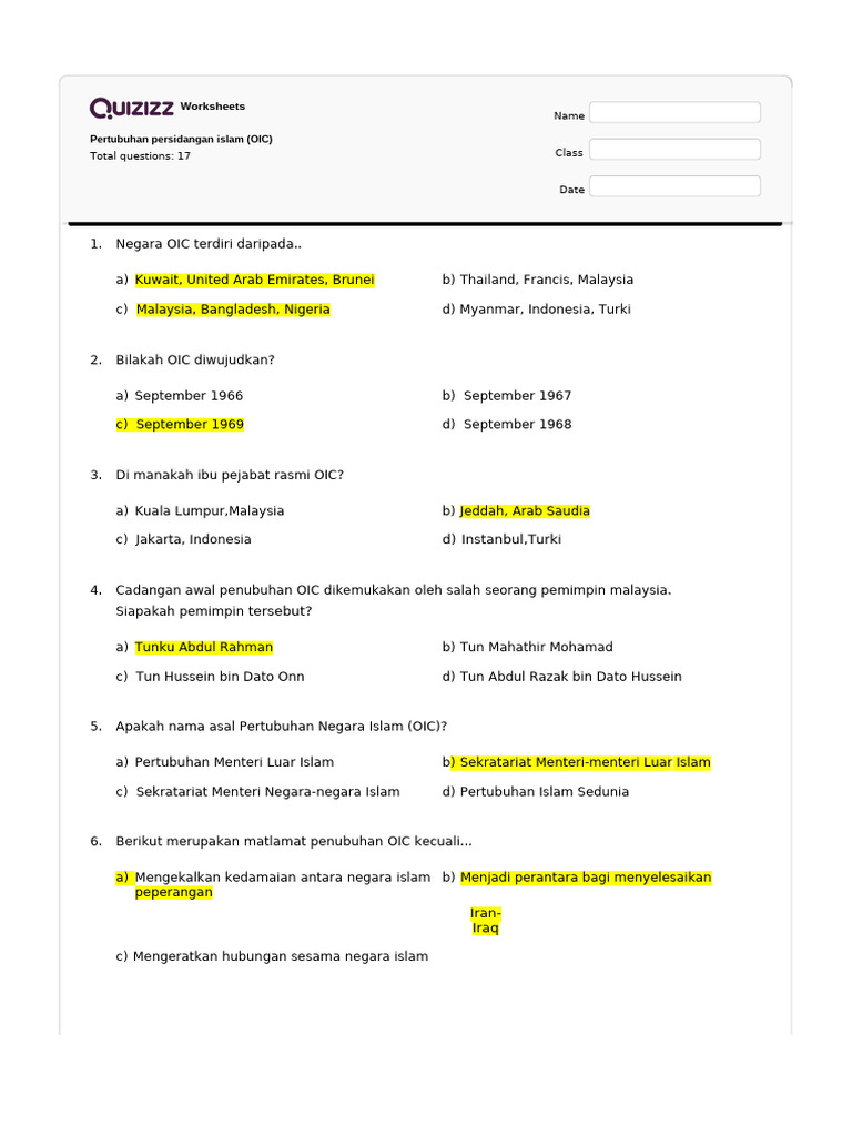 Pertubuhan persidangan islam (OIC) _ Quizizz | PDF