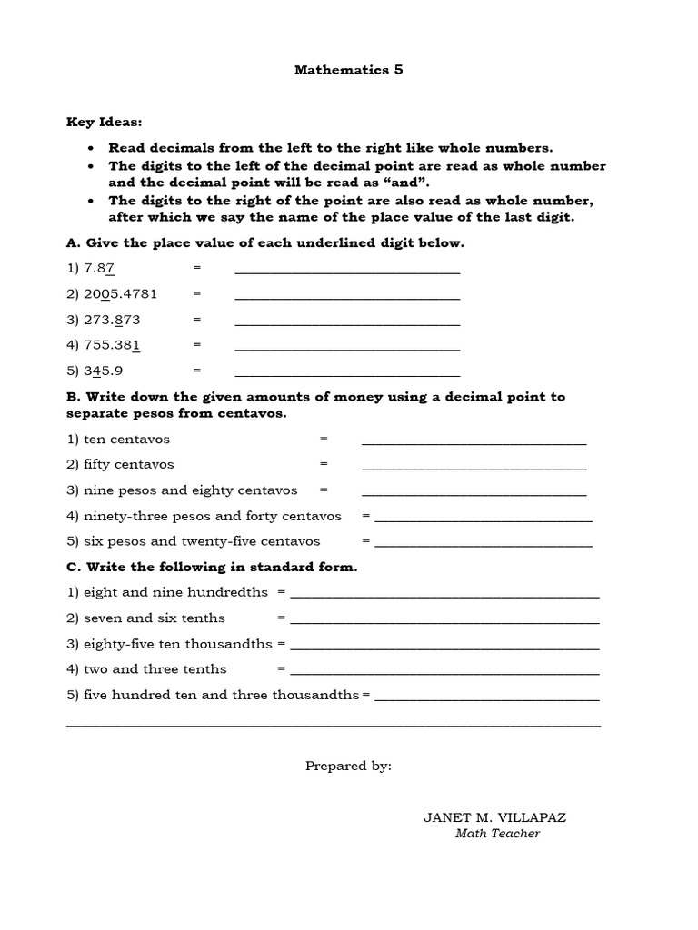 Reading Writing Decimals Activity | PDF